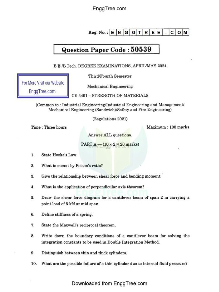 CE3491 Strength of Materials Apr May 2024 Question Paper Download | PDF