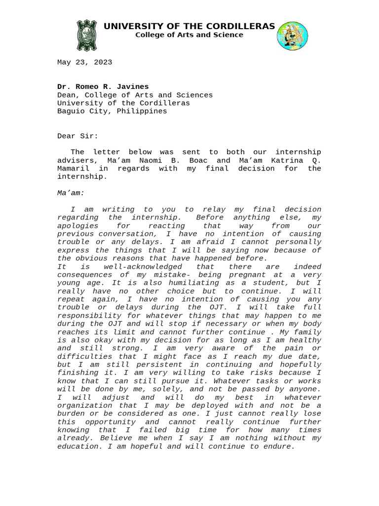 Internship Decision Letter from Student | PDF