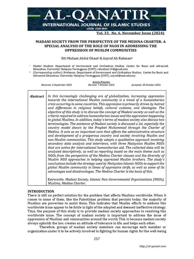 Madani Society From The Perspective of The Medina Charter-A Special ...