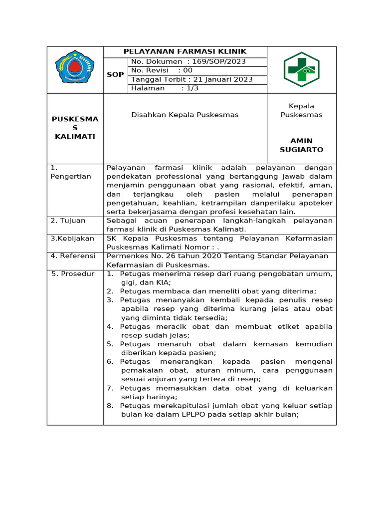 3.10 SOP Pelayanan Farmasi Klinik | PDF