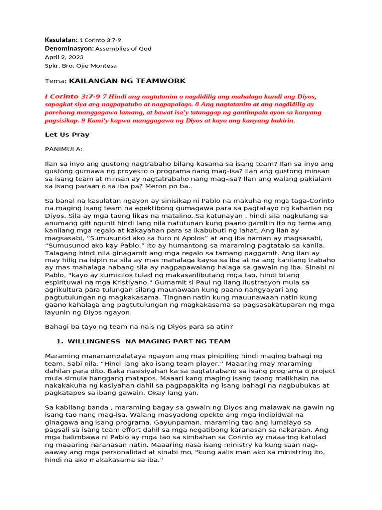 Teamwork Needed Tagalog | PDF