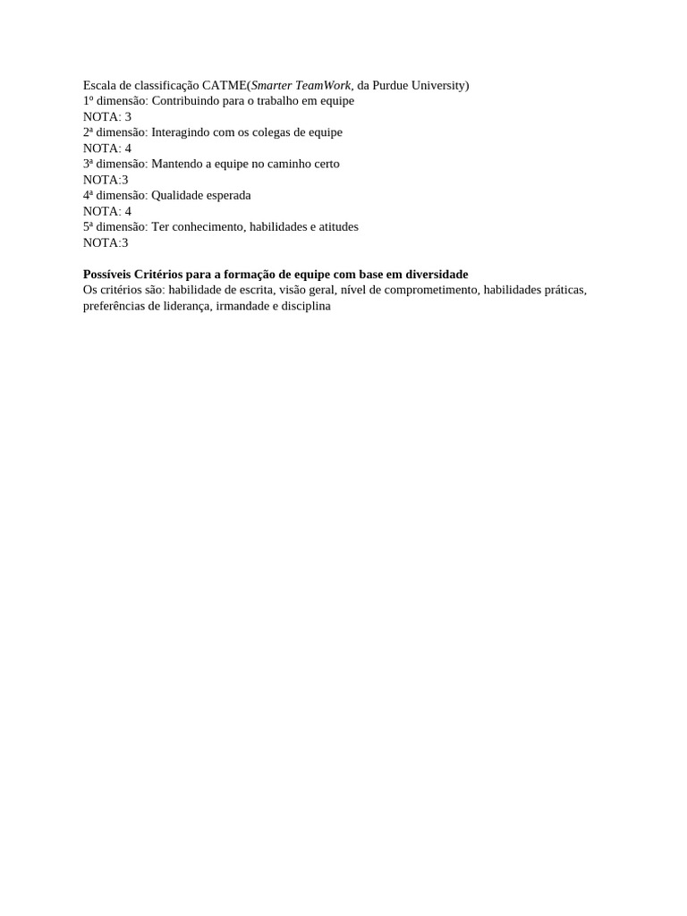 Escala de Classificação CATME (Smarter TeamWork, Da Purdue University ...
