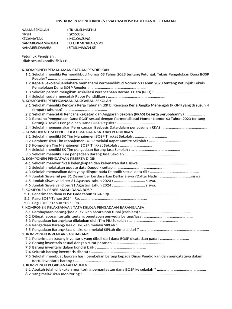 Instrumen Monev BOSP 2025 | PDF