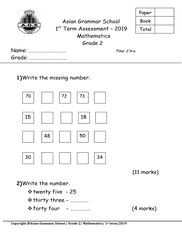 Gr2 - Maths - 1st Term - AGS - Matara | PDF | Mathematics