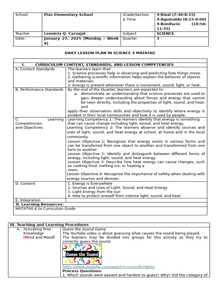 Grade 4 Daily Science Lesson Plan | PDF | Learning | Educational Assessment