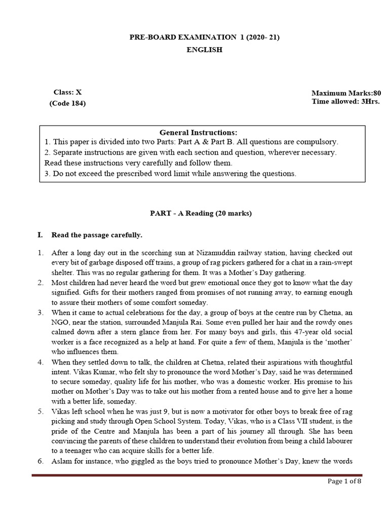 CBSE 10th Pre Board Exam Model Question Paper 6 - English (Language ...