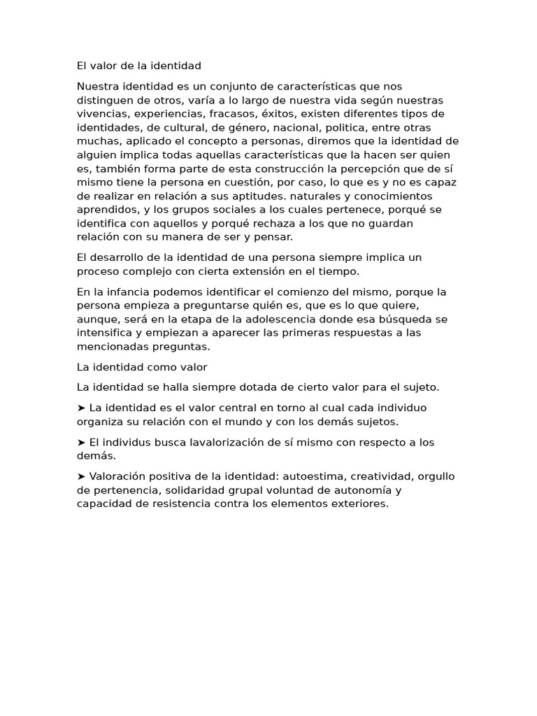 El Valor de la Identidad Personal | PDF