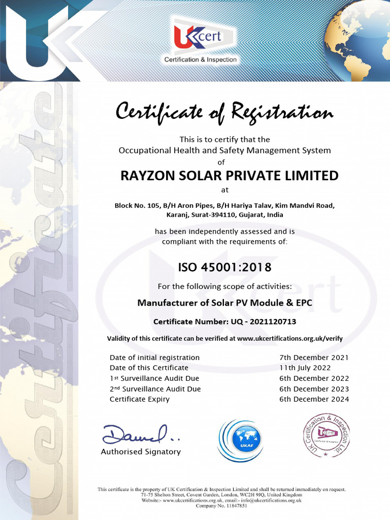 Rayzon Solar Private Limited 45001 Uq - 2021120713 | PDF