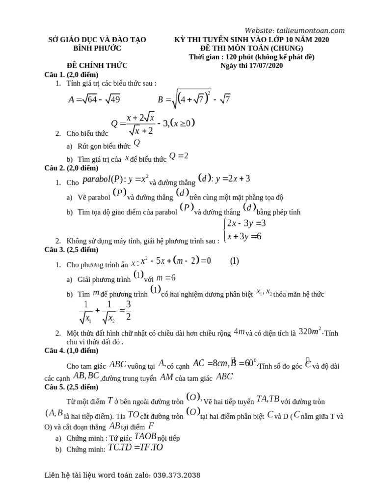 De Tuyen Sinh Binh Phuoc 2020 | PDF