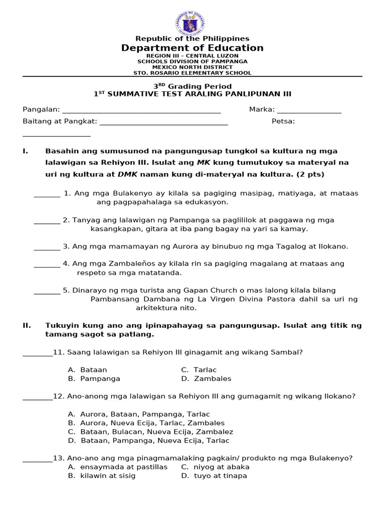 Grade 3 3rd Q SUMMATIVE 1 With TOS and Answer Key | PDF