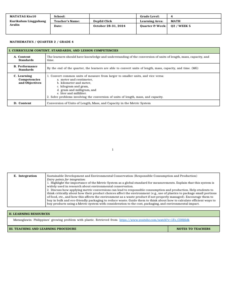 MATH 4_DLL_Q2_WEEK 5 | PDF | Litre | Kilogram