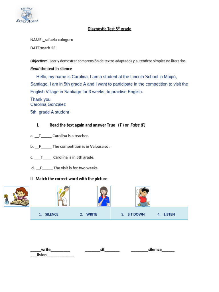 Diagnostic Test 5th Grade | PDF