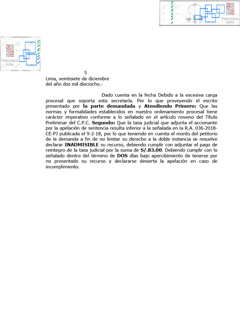 Resolucion 05 - Inadmisible Recurso de Apelacion - Pago de Reintegro de Tasa | PDF | Apelación ...