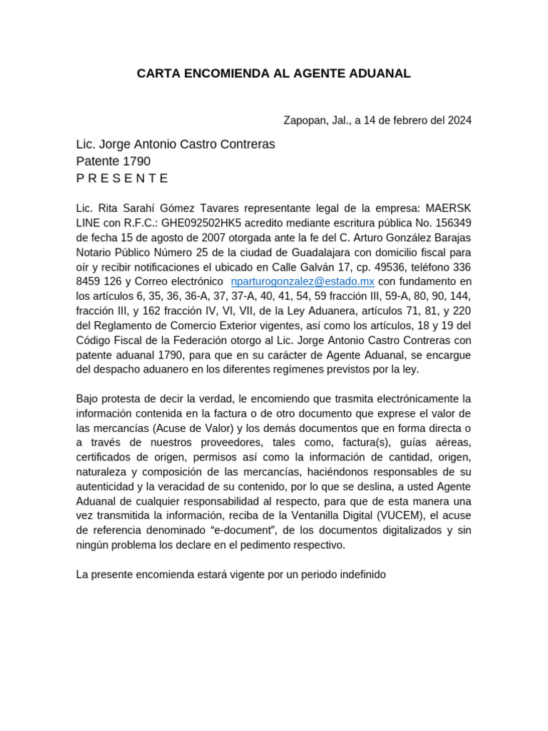 Carta de Encomienda a Agente Aduanal | PDF