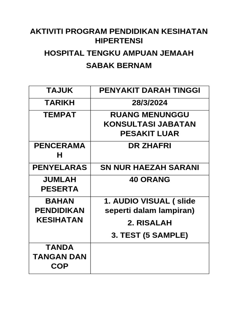 HPT Bil 1 2024 Program Pendidikan Kesihatan Hipertensi - 28-2-2024 | PDF