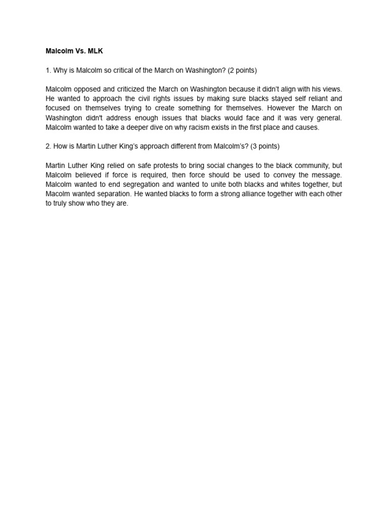 Malcolm vs. MLK: Differing Approaches | PDF