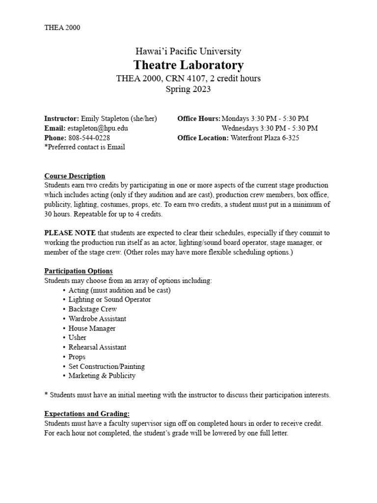 HPU Syllabus - Theatre Laboratory (THEA 2000, CRN 4107) SPRING 2023 | PDF | Sexual Harassment ...