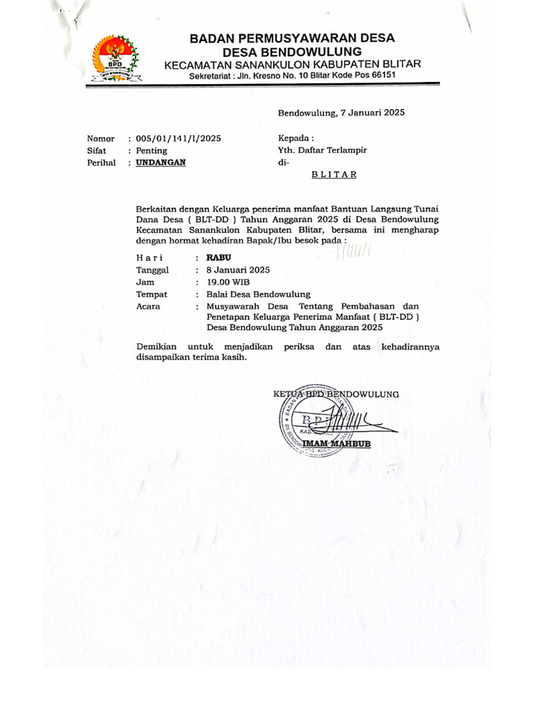 Undangan - Musdes BLT DD 2025 | PDF