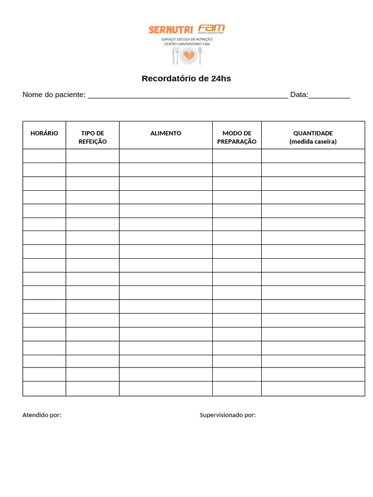 Modelo de Recordatório Alimentar 24h | PDF