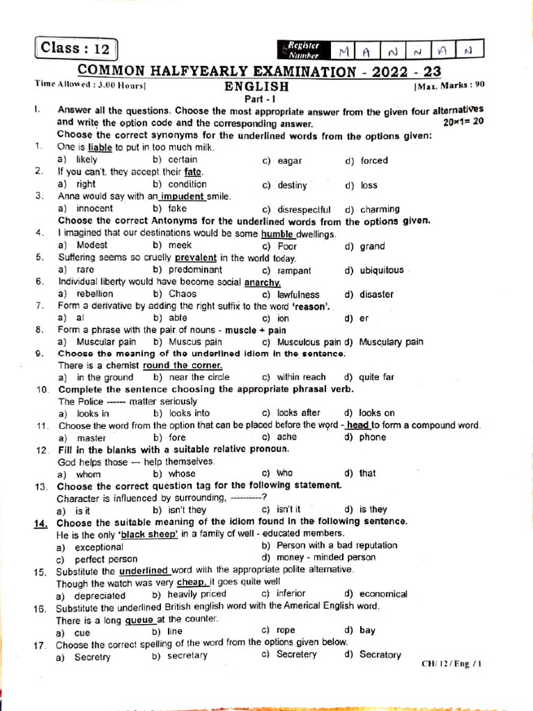 12th English Half Yearly Exam 2022 Original Question Paper Chennai ...