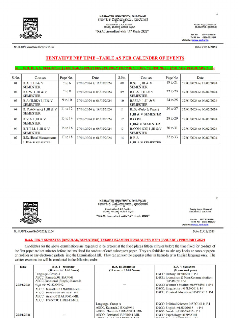 All UG 1, 3 & 5 Semester NEP Theory Exam Time Table Jan-Feb 2024 | PDF