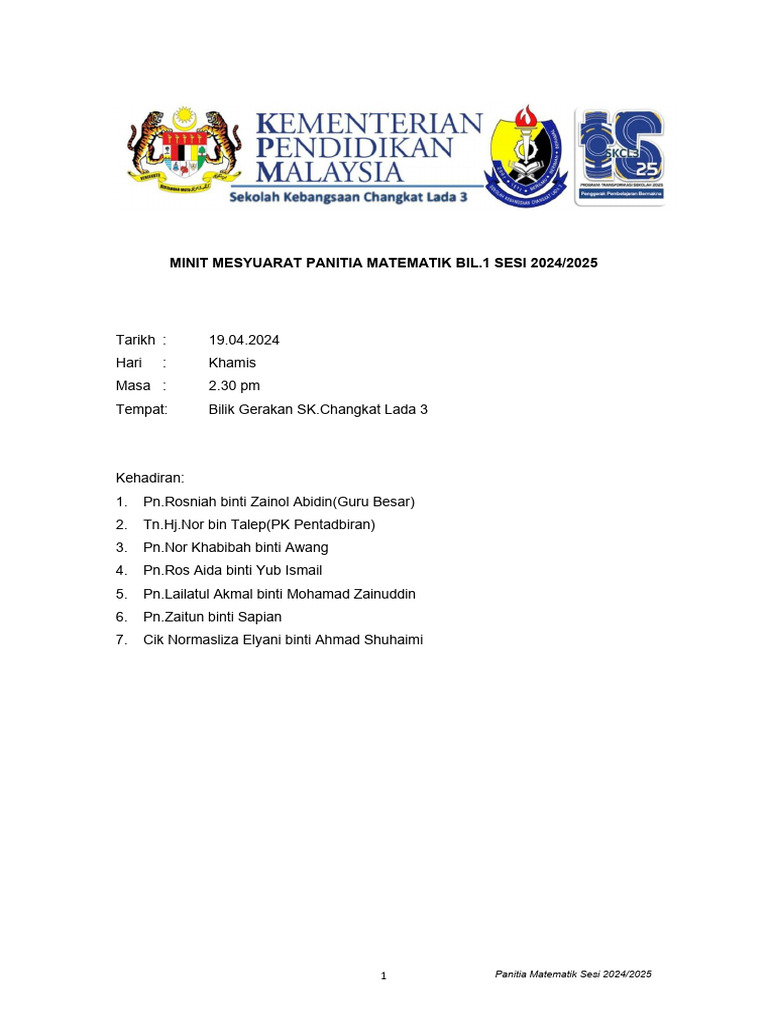Minit Mesyuarat Panitia Matematik Bil 1 Sesi 2024-2025 Terkini | PDF
