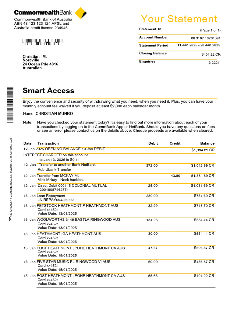Commonwealth Bank Account Statement Summary | PDF | Banks | Debit Card