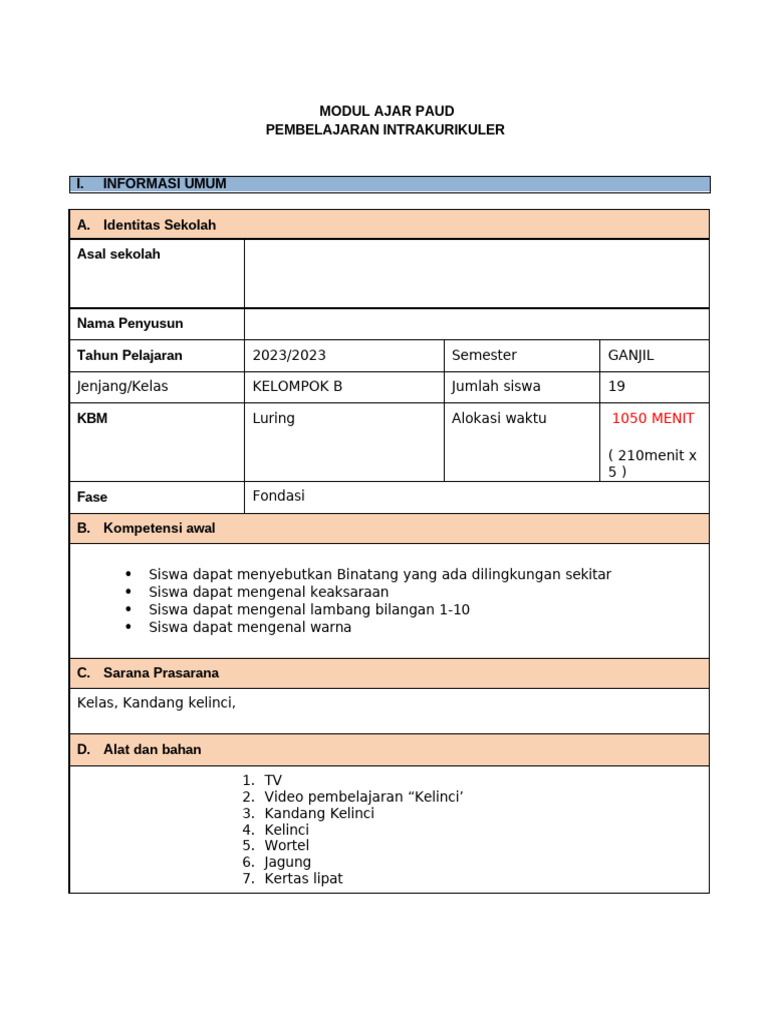 Modul Ajar PAUD: Binatang Kelinci | PDF