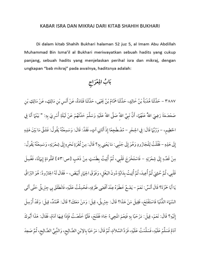 Kabar Isra Dan Mikraj Dari Kitab Shahih Bukhari | PDF