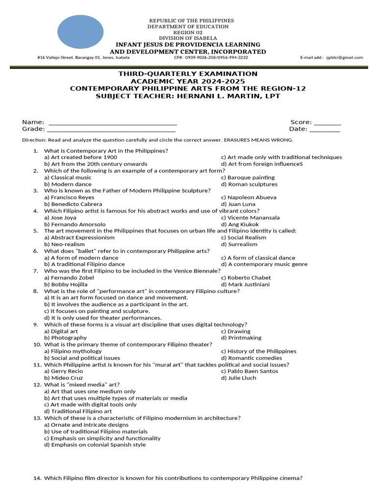 THIRD FINAL EXAM CPAR-12 | PDF | Philippines | Paintings