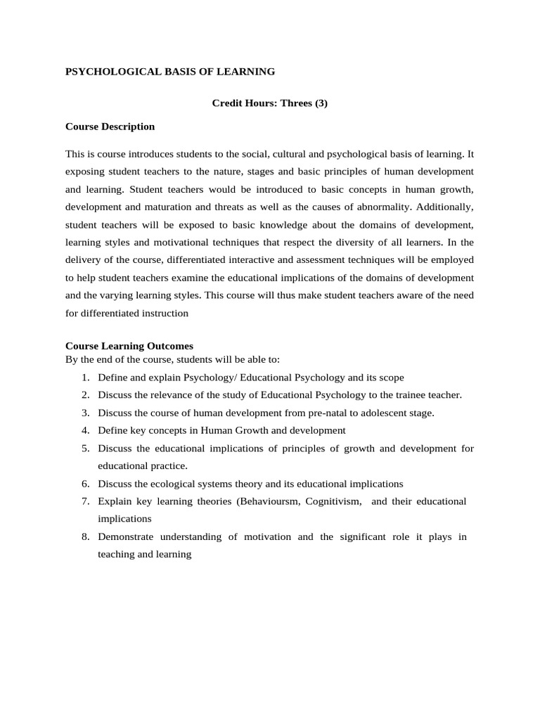 Psychological Basis of Learning Outline | PDF | Learning | Educational ...