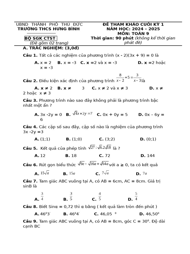 Đê Tham Khảo Cuối Kỳ i Toán 9 Nộp Pgd - Truong Nguyen | PDF