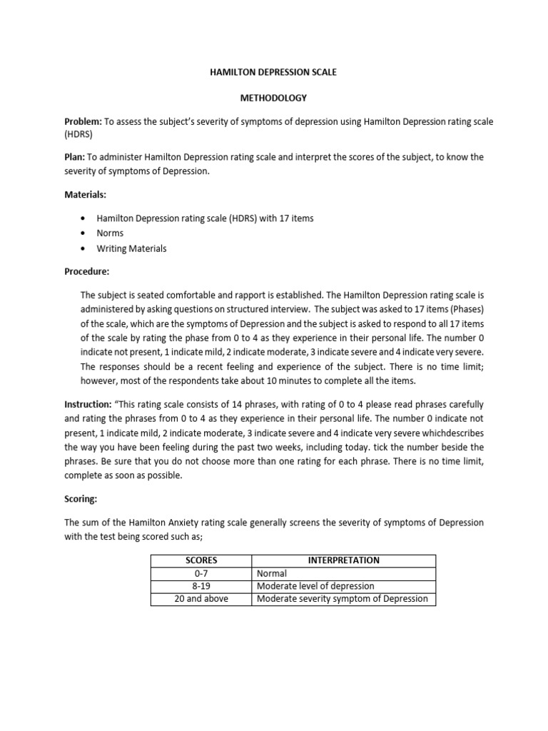 Hamilton - Depression Scale Methodology | PDF | Major Depressive ...