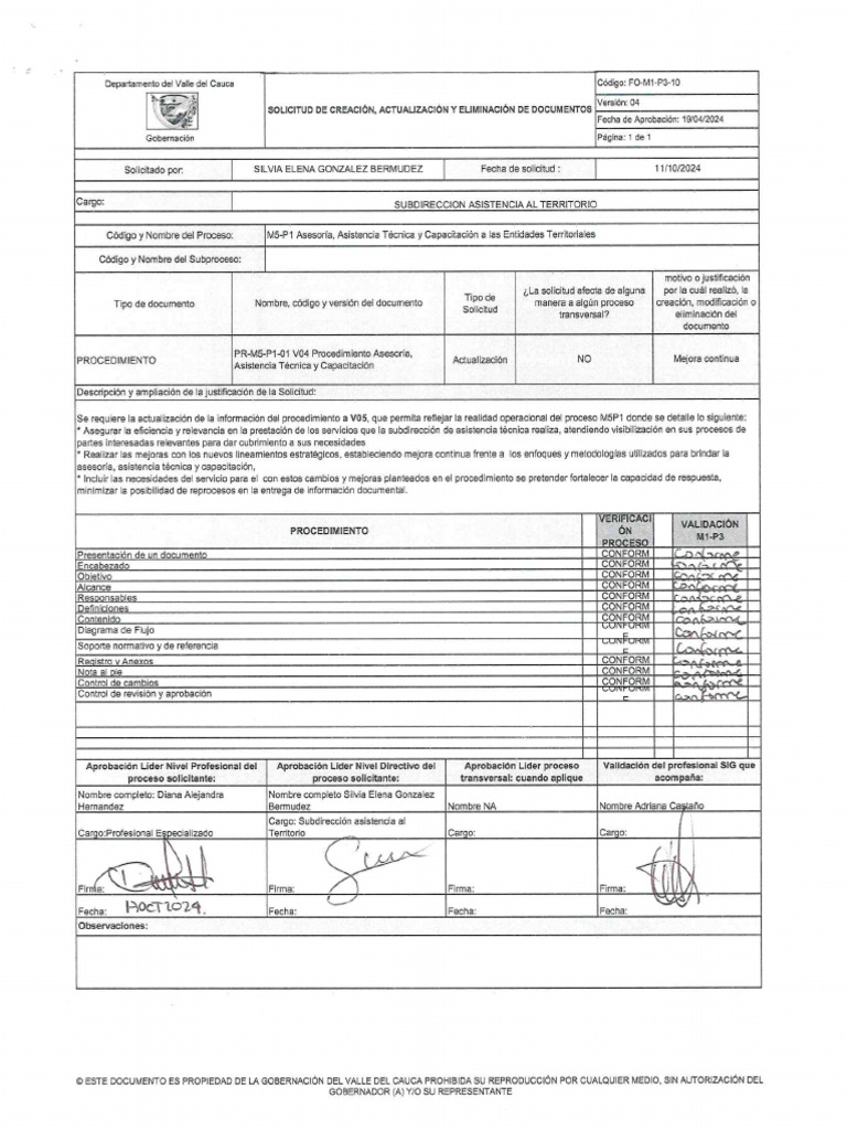 Fo-M1-P3-10 V04 Solicitud Cambio Procedimiento Ases, Asis Tec y Capac | PDF