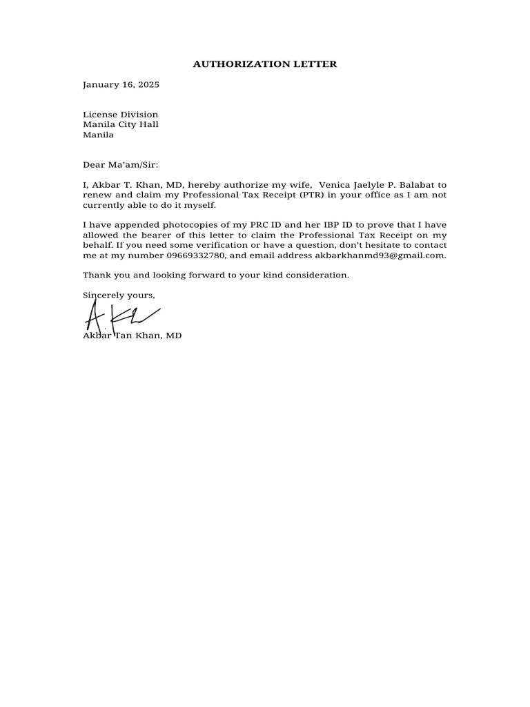 Authorization Letter for Tax Receipt Claim | PDF