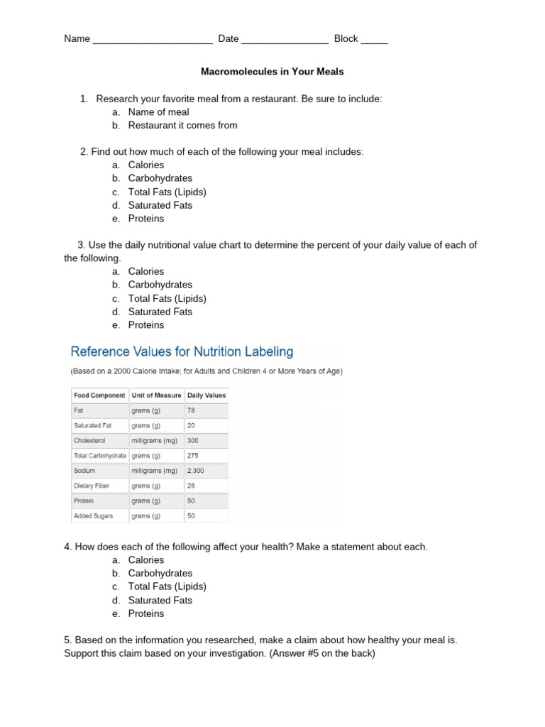 Analyzing Meal Macromolecules and Health | PDF