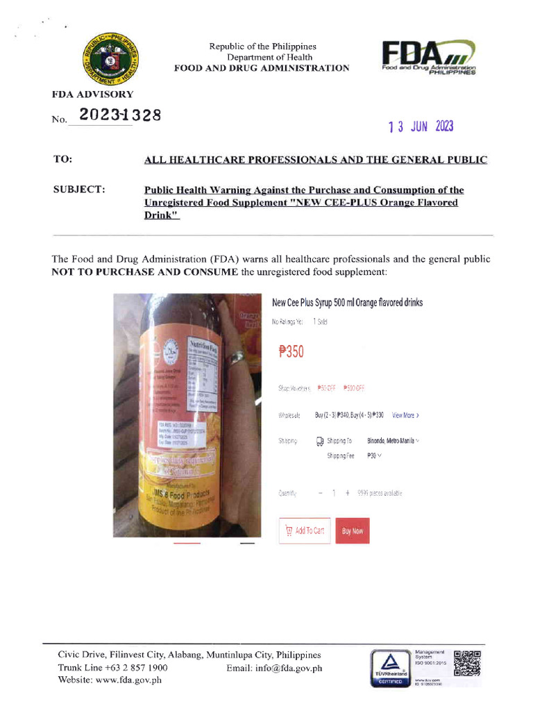FDA Advisory No.2023 1328 | PDF