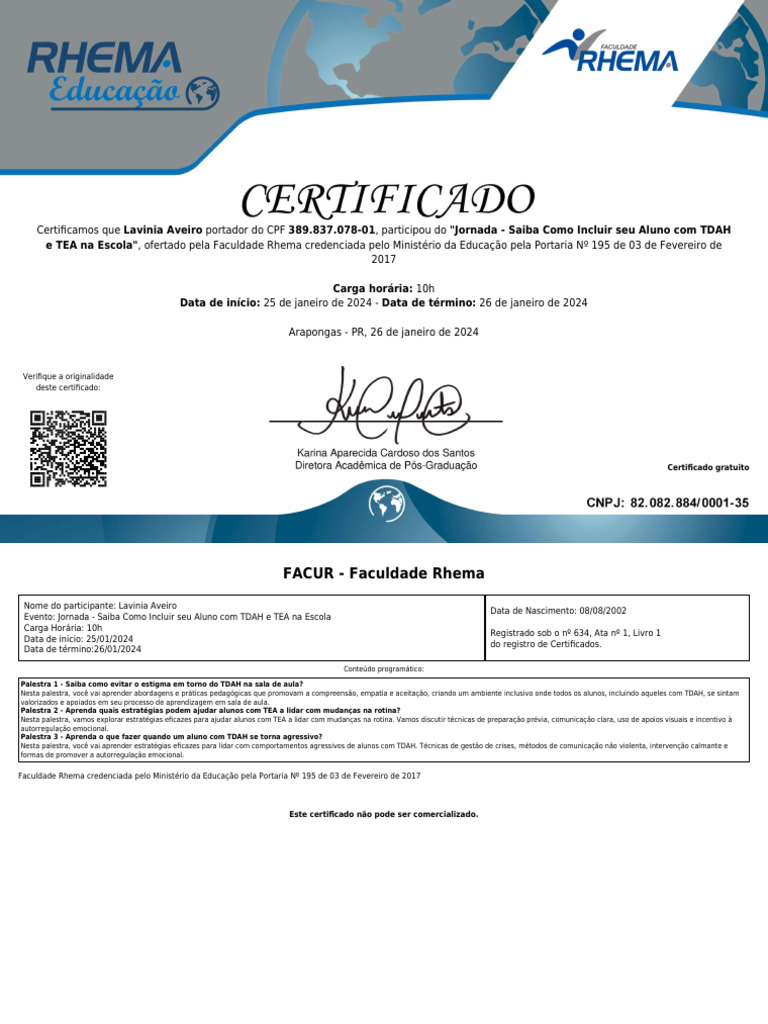 Certificado Jornada - Saiba Como Incluir Seu Aluno Com TDAH e TEA Na Escola-1 | PDF ...