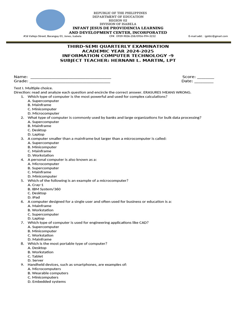 THIRD SEMI EXAM ICT - 9.finallllll | PDF | Microcomputers | Mainframe Computer