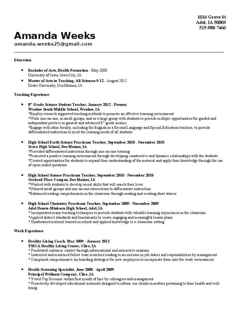 Weeks, Amanda Resume Scribd | PDF | Differentiated Instruction | Teachers