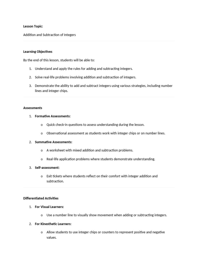 Adding and Subtracting Integers Lesson Plan | PDF | Cognition | Learning