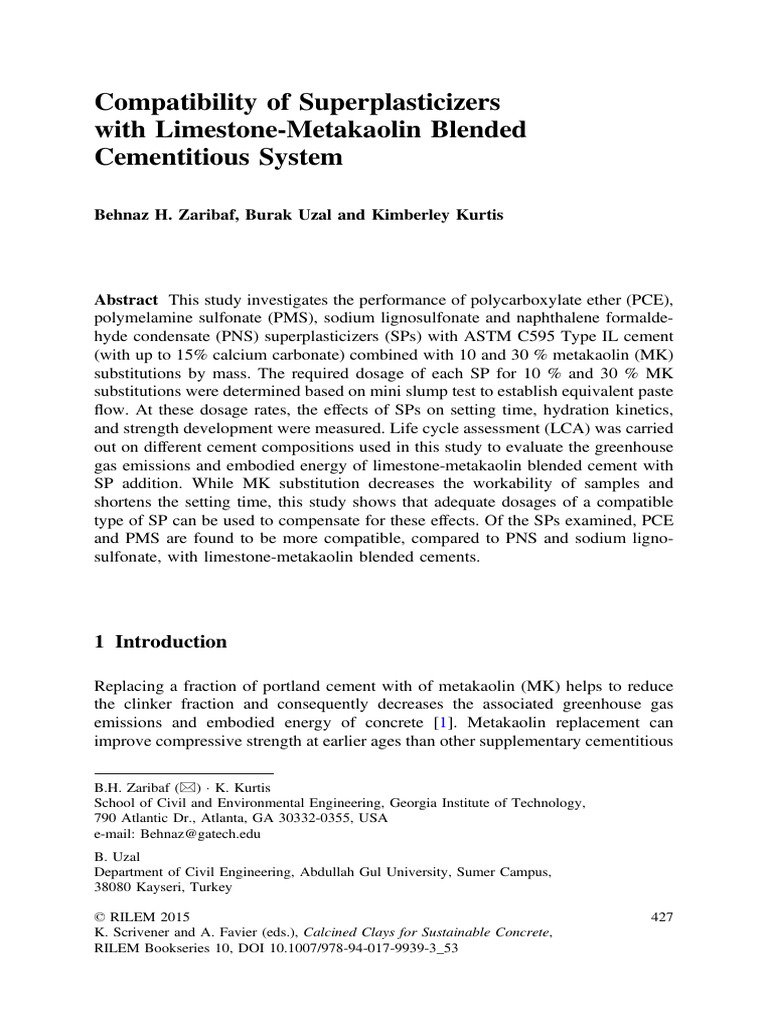 2015 Compatibility of Superplasticizers With Limestone-Metakaolin Blended Cementitious System ...