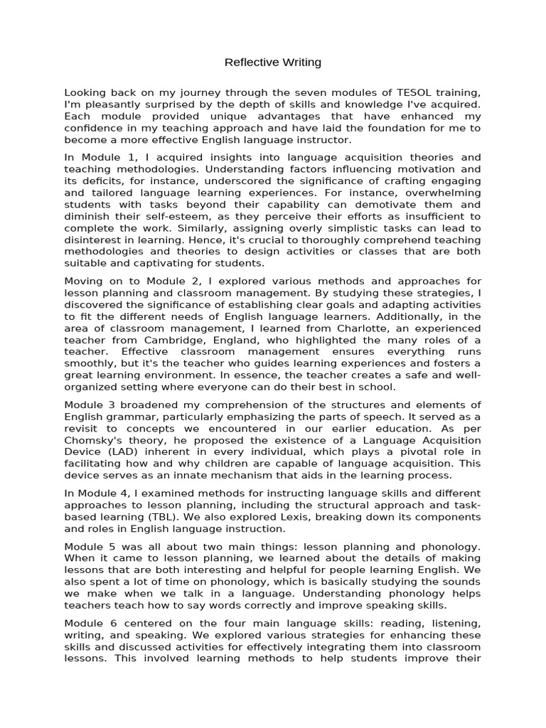 TESOL Training Reflection and Insights | PDF | Language Acquisition ...