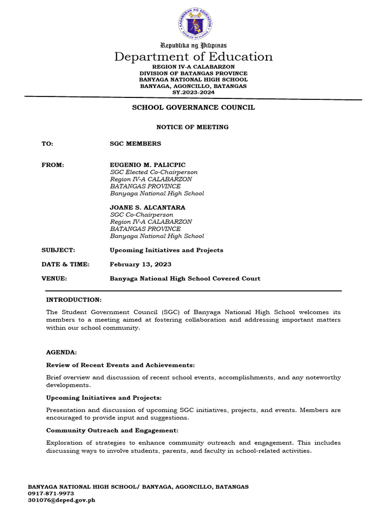 Banyaga National High School SGC Meeting Notice | PDF