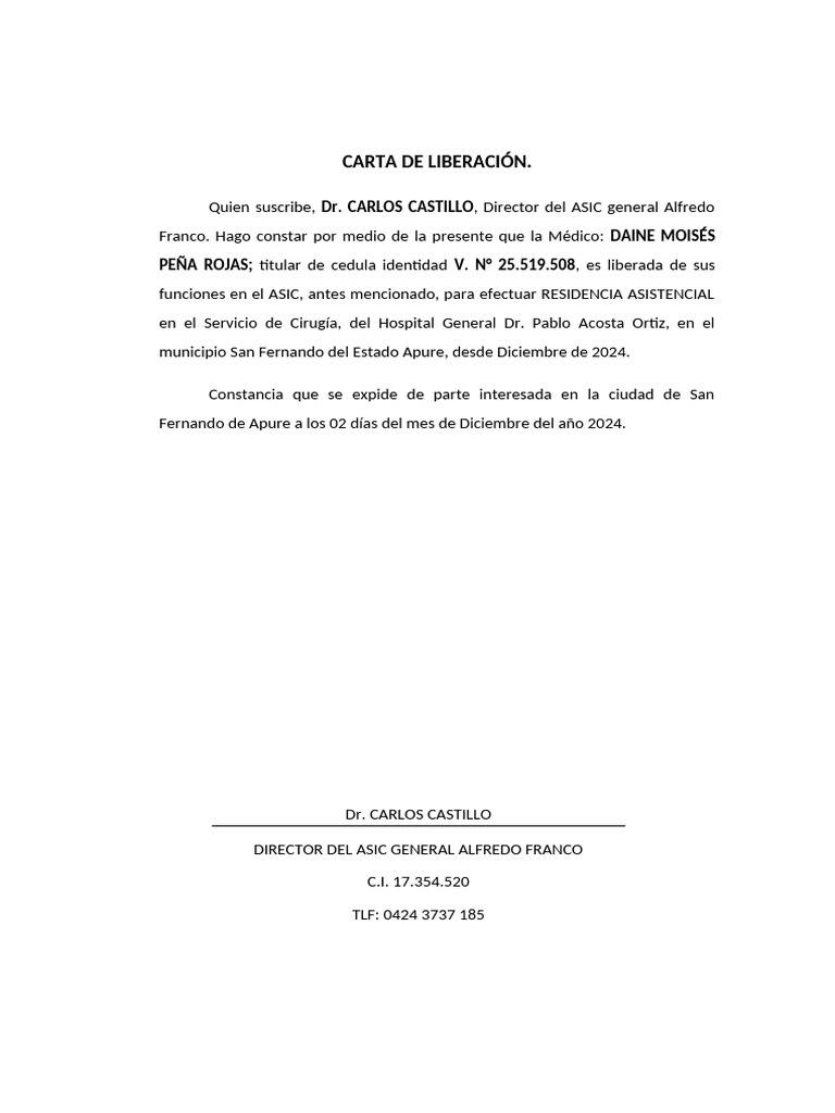 Carta de Liberación DR Daine | PDF