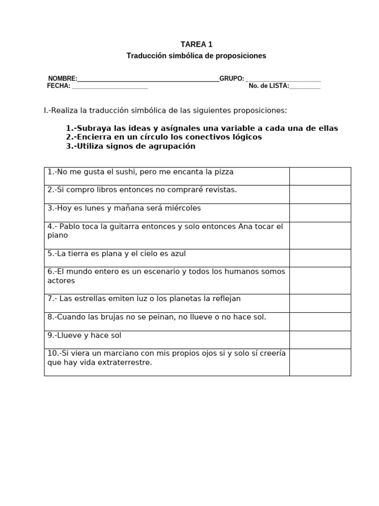 TAREA 1.traducción Simbolica de Proposiciones | PDF