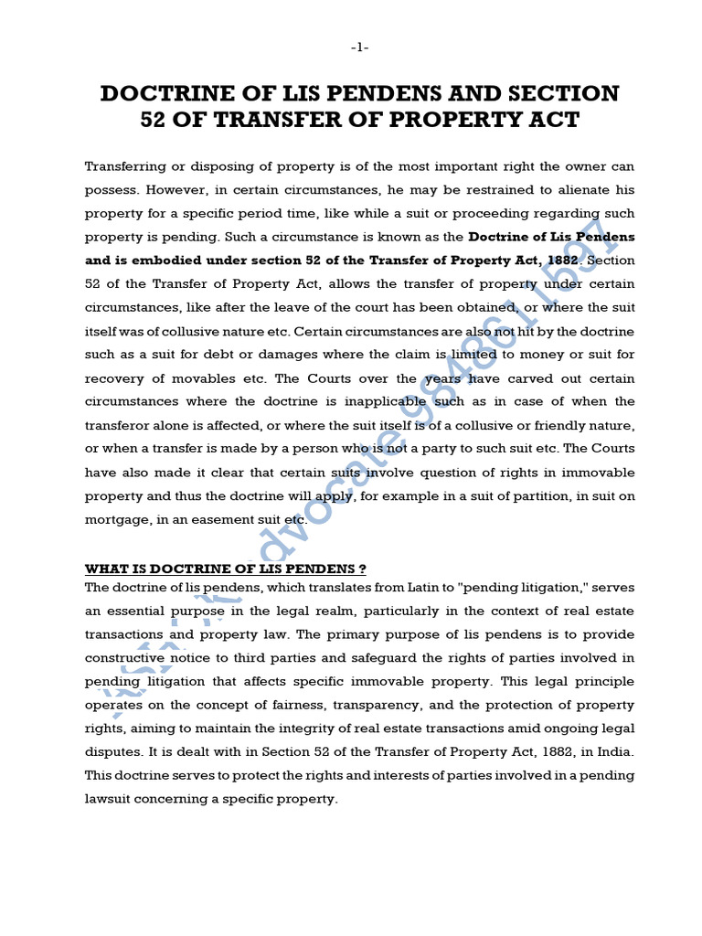 Doctrine of Lis Pendens and Section 52 of Transfer of Property Act | PDF | Lawsuit | Property