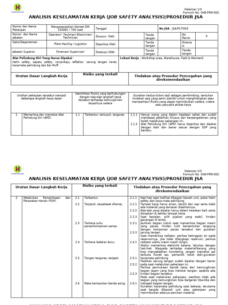 JSA Mengoperasikan Genset | PDF