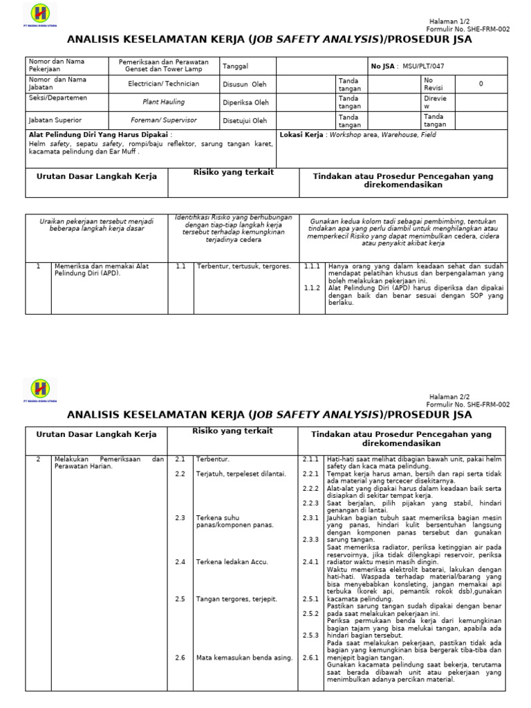 047. JSA Pemeriksaan Dan Perawatan Genset Dan Tower Lamp | PDF
