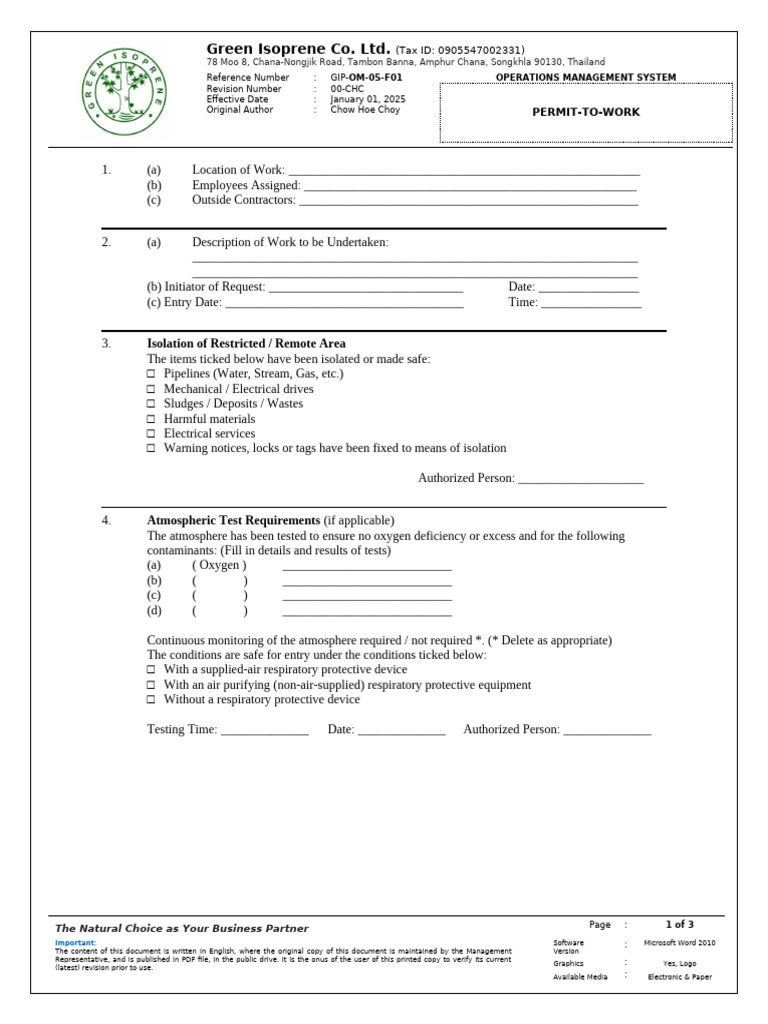Permit-to-Work Template for Operations | PDF | Personal Protective ...